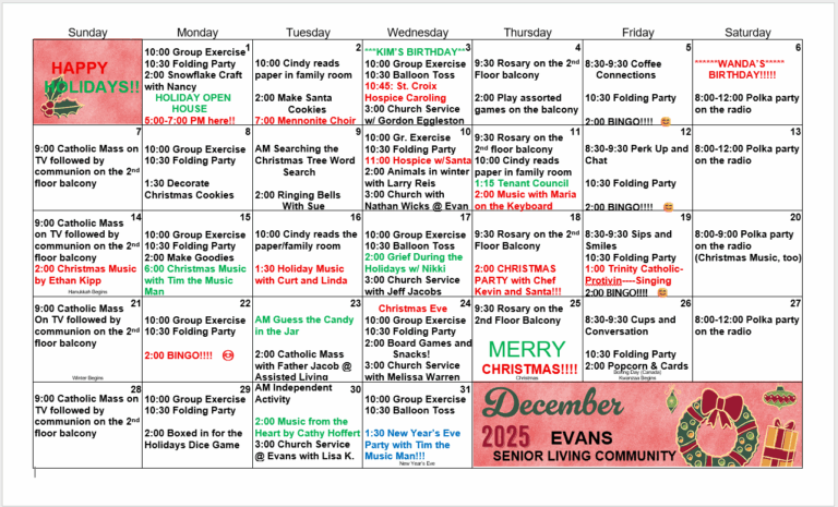 Assisted Living Activity Calendar - Evans Senior Living Community